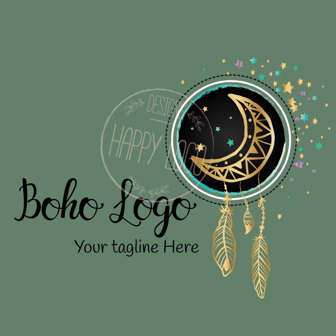 Moon Feathers Logo, Circle Round Moon Logo, Stars Bohemian Logo ...