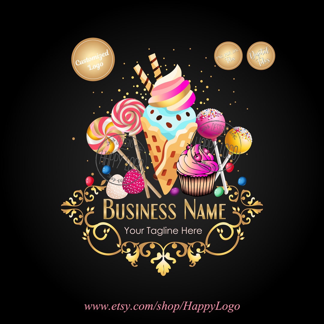 Sweet Treats Logo, Candy Lollipop Cone Premade Watercolor Design ...