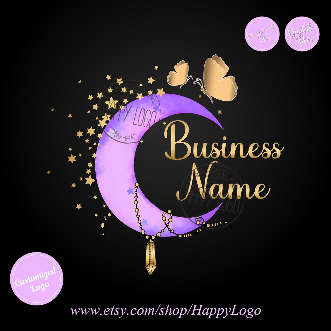 Watercolor Moon Logo, Butterfly Premade Design, Celestial Cosmic Logo ...