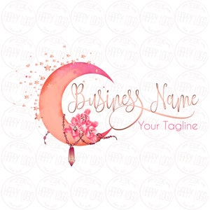 Moon Pink Flowers Crystal Logo, Watercolor Pink Moon Stars Logo ...