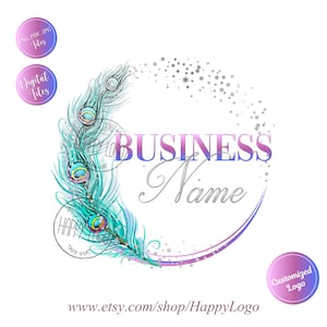 Peacock Feather Logo, Watercolor Premade Boutique Logo Design, Business ...