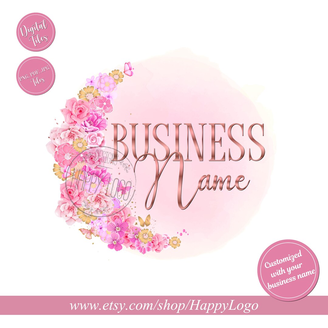 Watercolor Pink Flowers Logo, Floral Wreath Moon Graphic Design ...