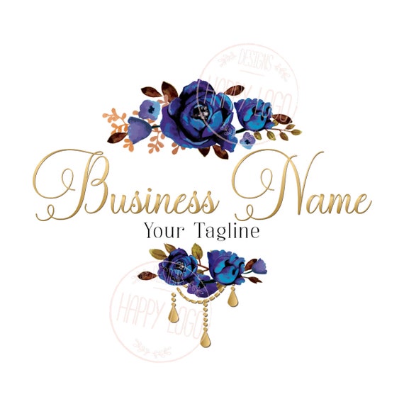 DIGITAL Flowers Gold Blue Logo Design Blue Indigo Flowers | Etsy