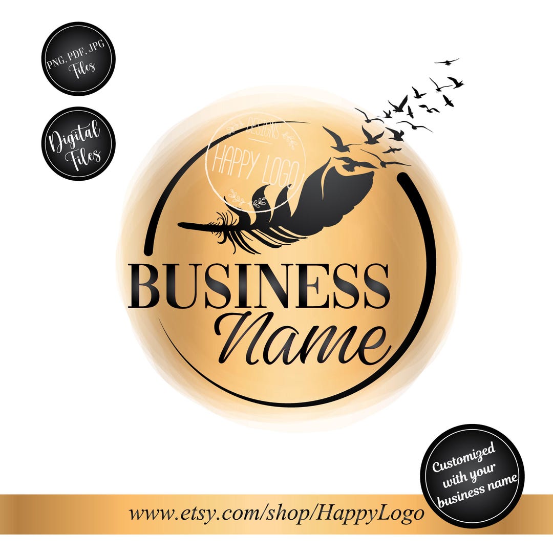 Black Feather With Flying Birds Logo, Gold Modern Round Watermark ...