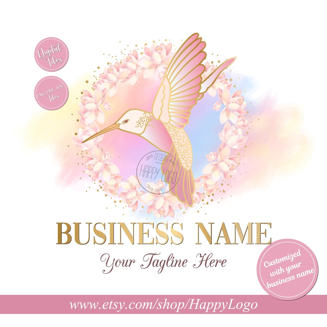 Hummingbird Logo, Watercolor Floral Logo Bird, Delicate Soft Feminine ...