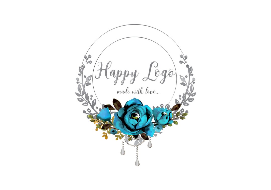 DIGITAL Flowers Silver Circle Logo Design, Blue Teal Turquoise Flowers ...