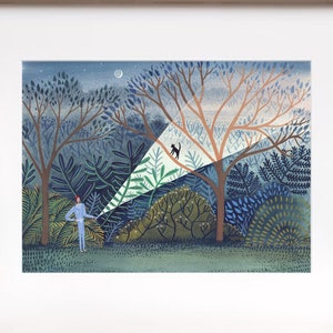 Lost Cat in Tree Painting, Cute Animal Print, Magical Landscape ...