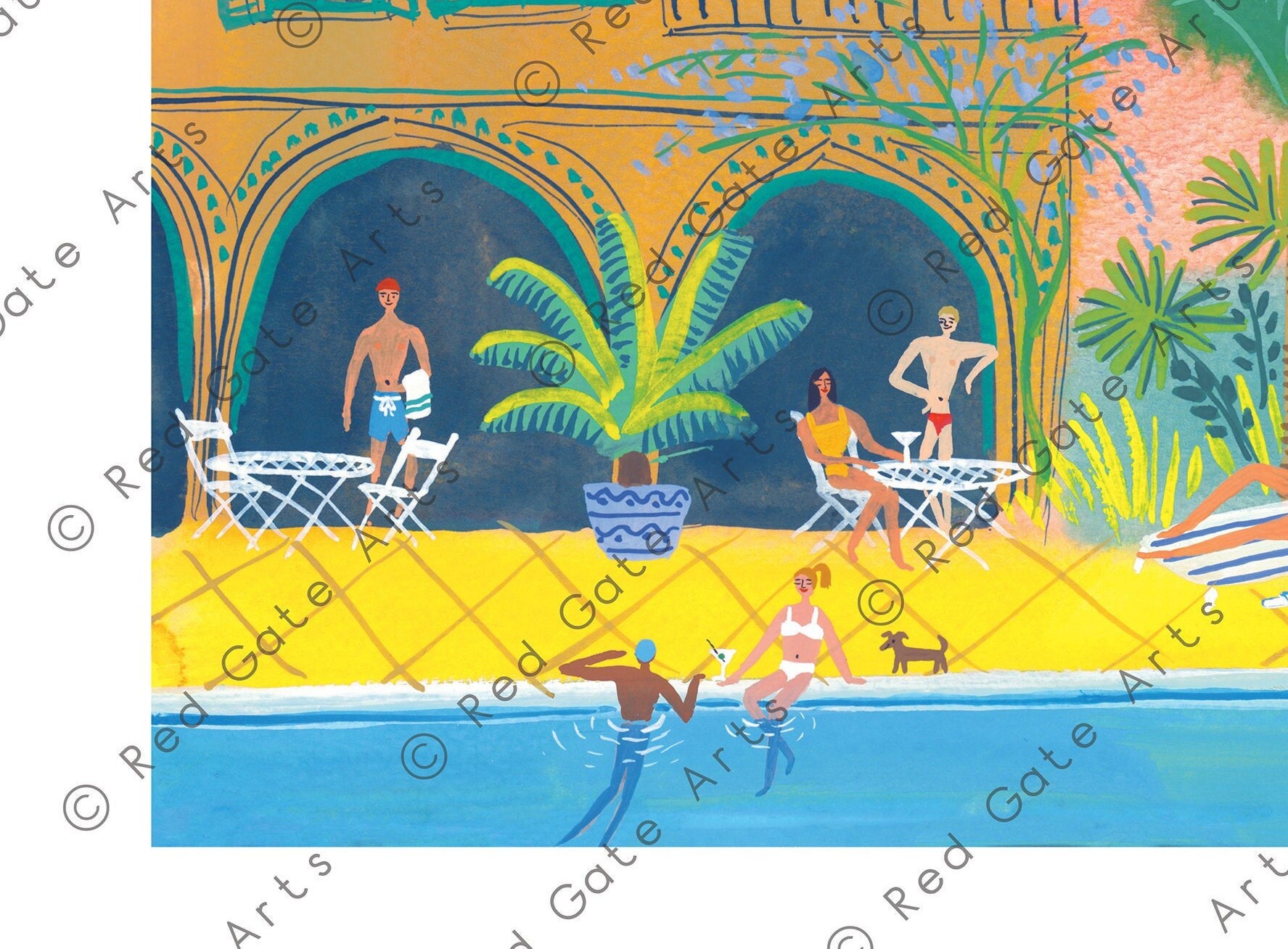 Poolside Art Print, Tropical Holiday Swimming Pool Illustration ...