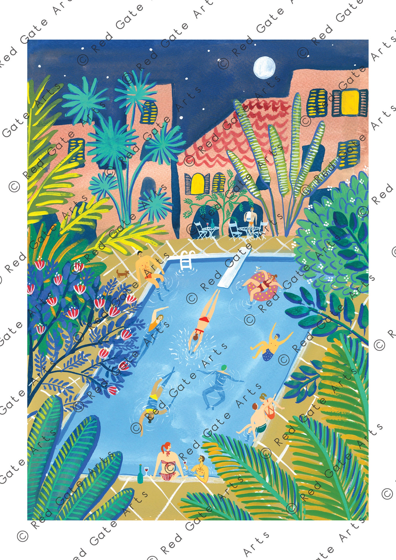 Swimming Pool Party Art Print Tropical Garden Illustration - Etsy
