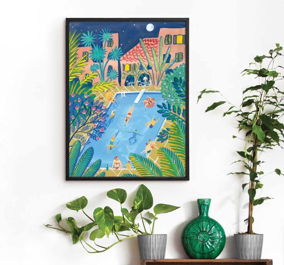 Swimming Pool Party Art Print, Tropical Garden Illustration, Botanical ...