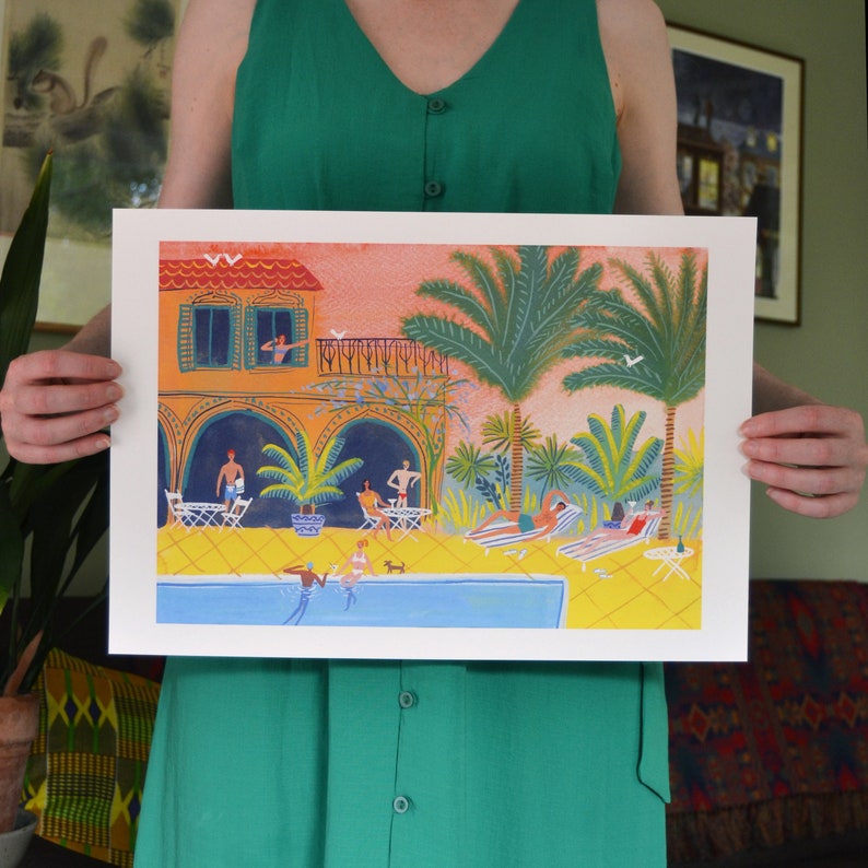 Poolside Art Print, Tropical Holiday Swimming Pool Illustration ...