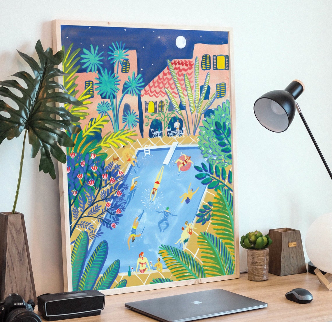 Swimming Pool Party Art Print Tropical Garden Illustration - Etsy