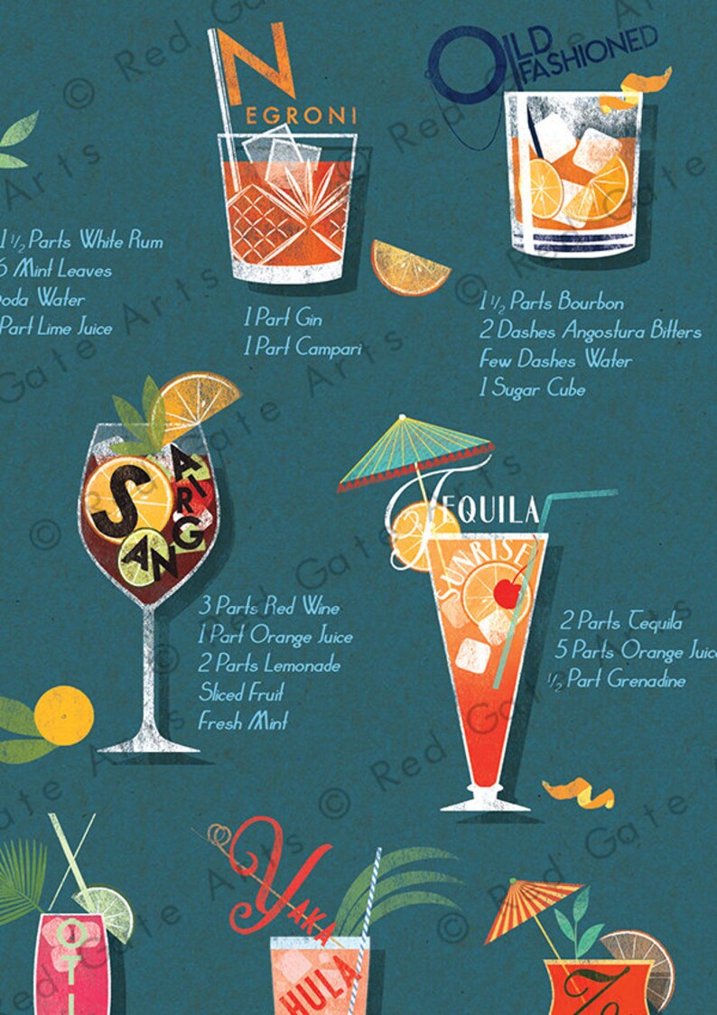 Cocktails A-Z Alphabet Poster Print, Gin Prosecco Whisky Drink Themed ...