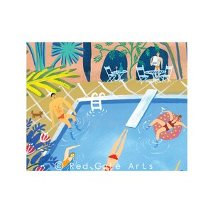 Swimming Pool Party Art Print, Tropical Garden Illustration, Botanical ...