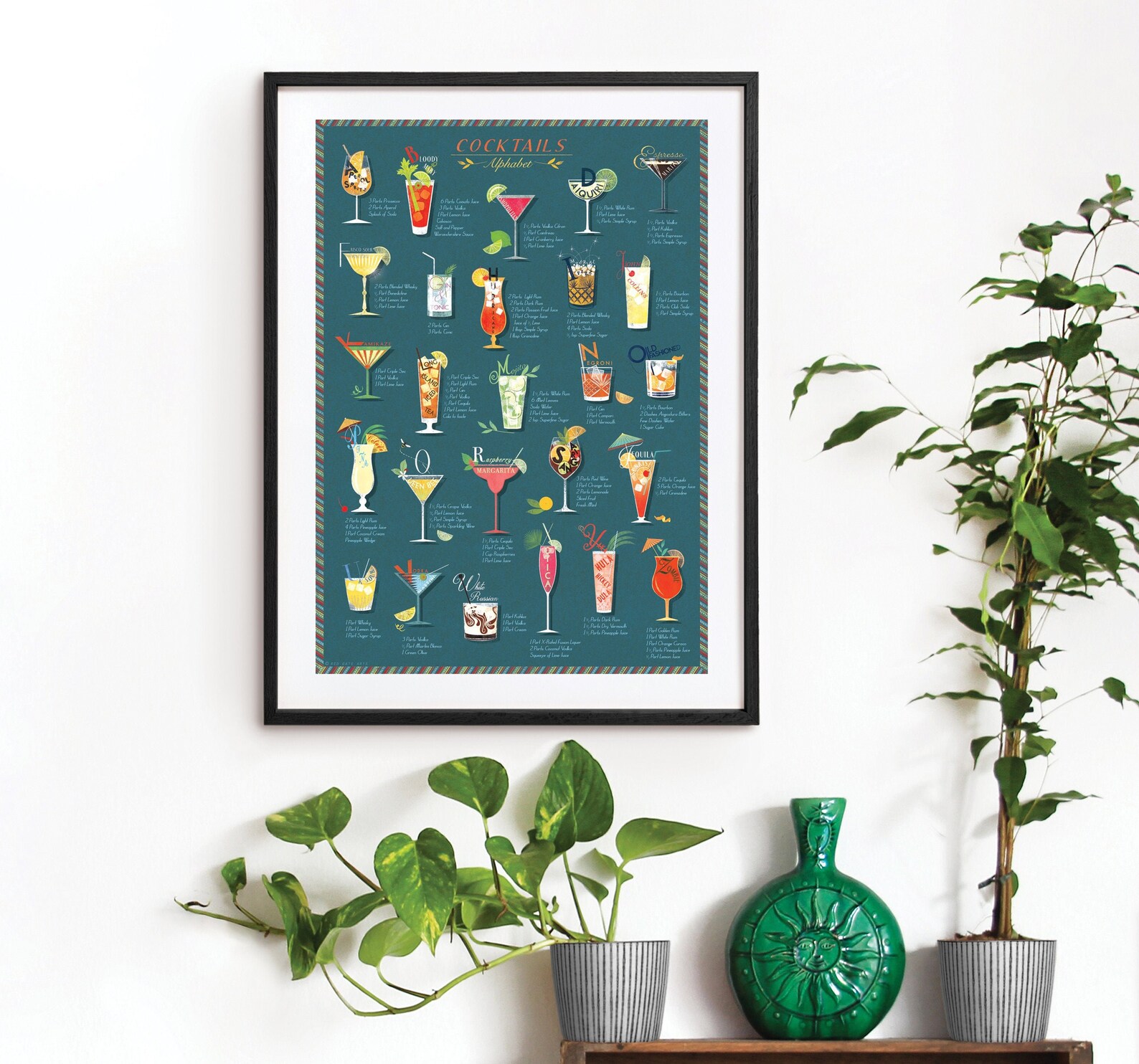 Cocktails A-Z Alphabet Poster Print, Gin Prosecco Whisky Drink Themed ...