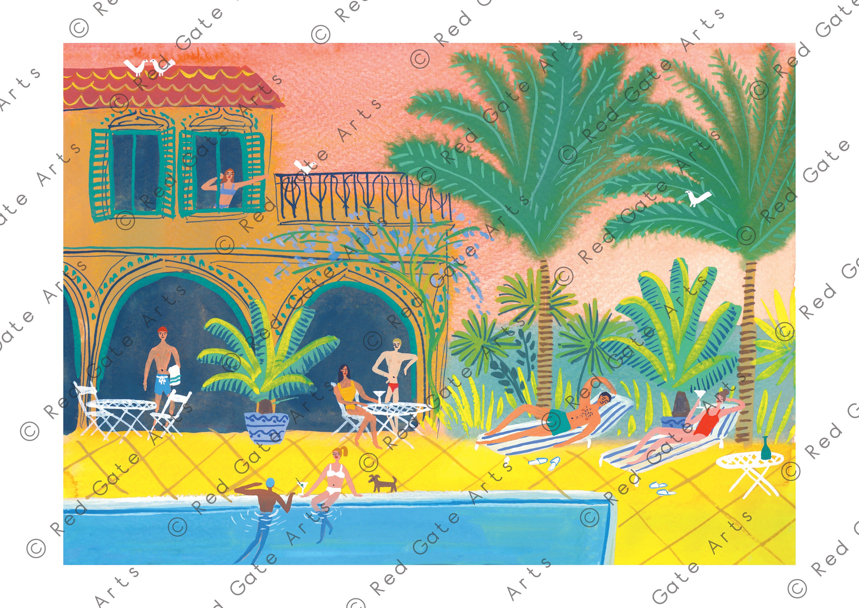 Poolside Art Print, Tropical Holiday Swimming Pool Illustration ...