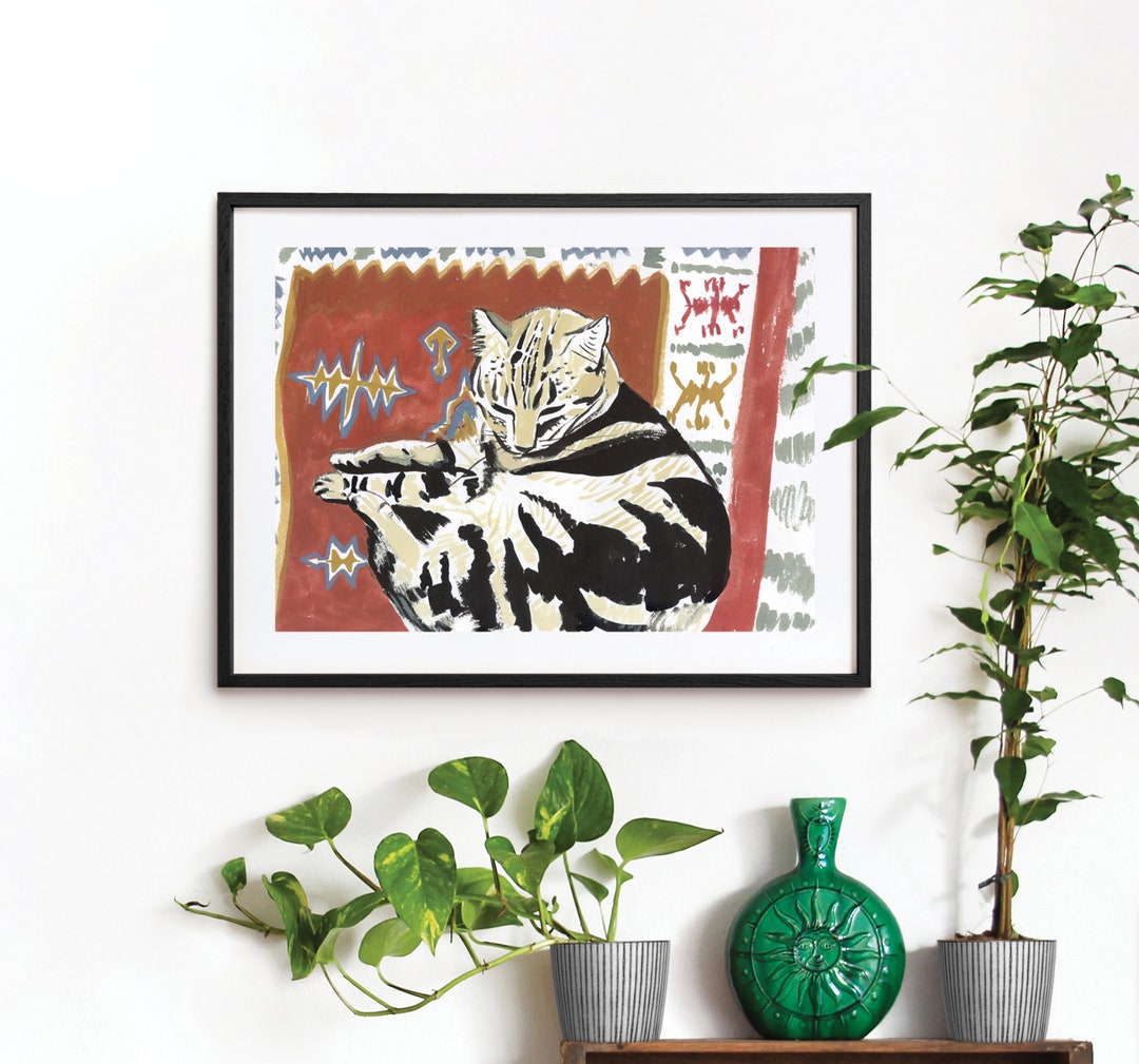 Cat on Mat Painting Print Animal Poster Watercolour A3 A2 Illustration ...