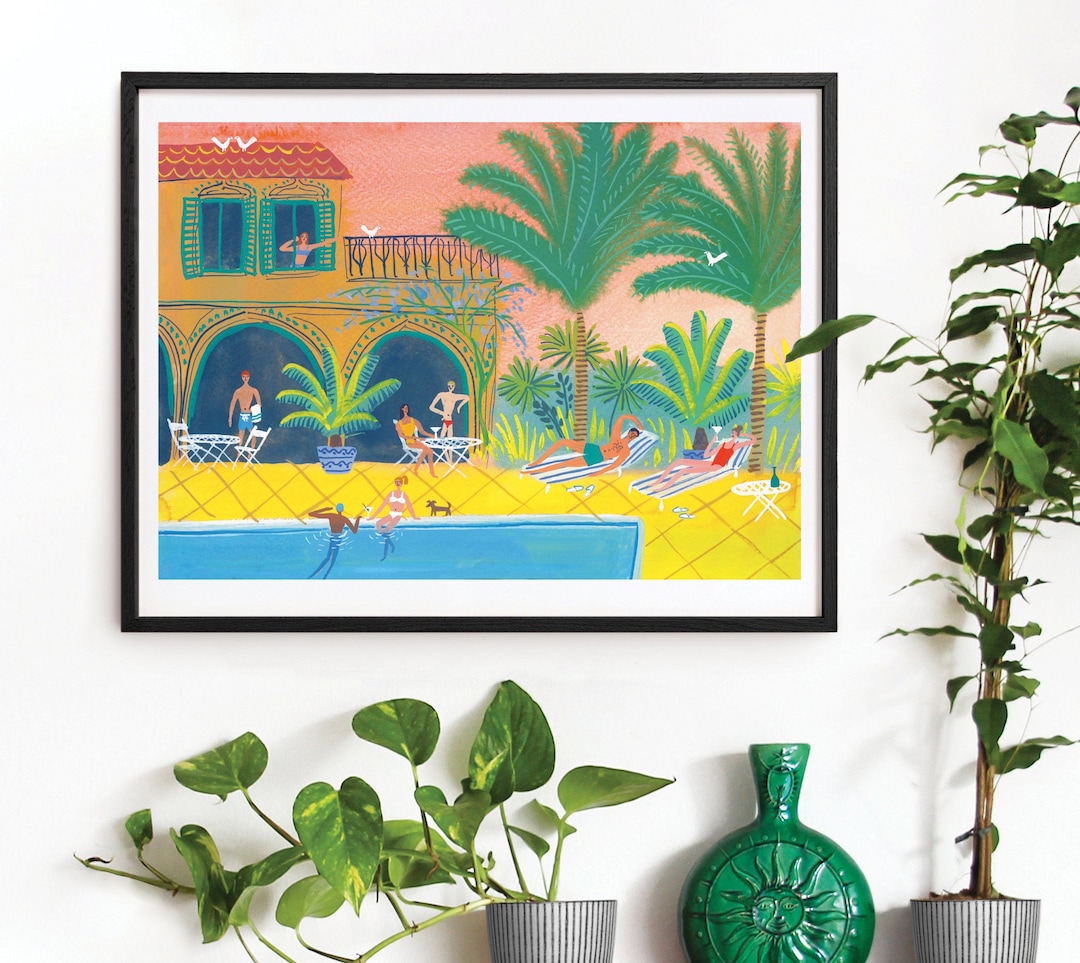Poolside Art Print, Tropical Holiday Swimming Pool Illustration ...