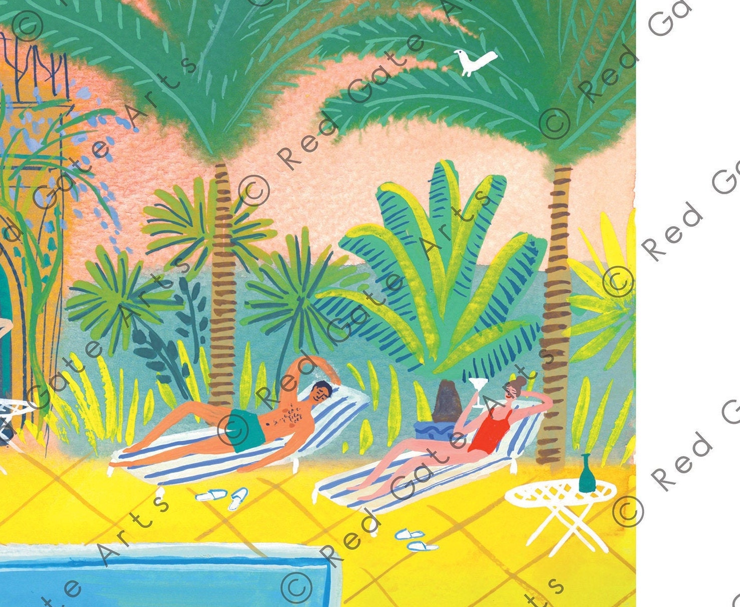 Poolside Art Print, Tropical Holiday Swimming Pool Illustration ...