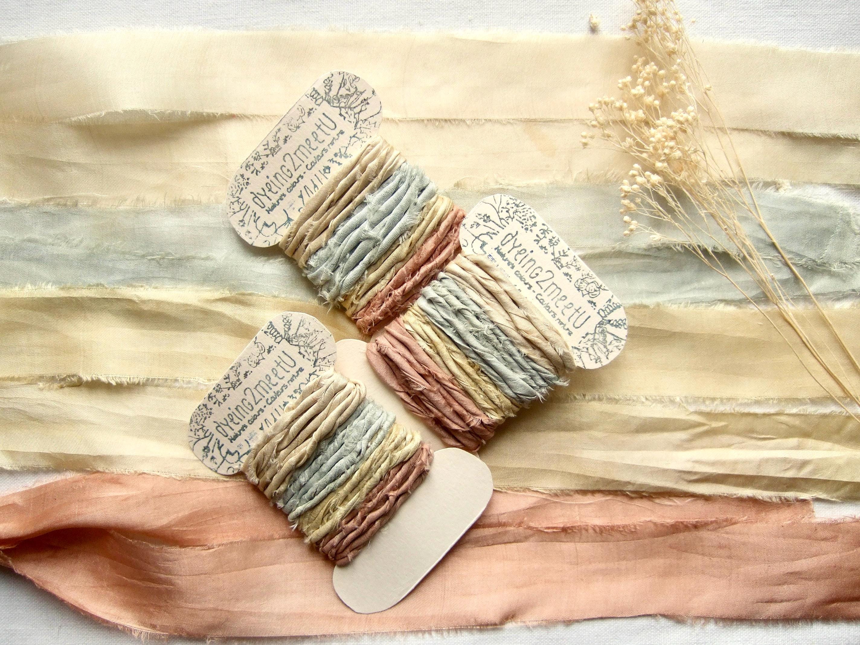 Plant Dyed Recycled Sari Silk Ribbons, Hand Dyed in Cream, Pale Blue ...