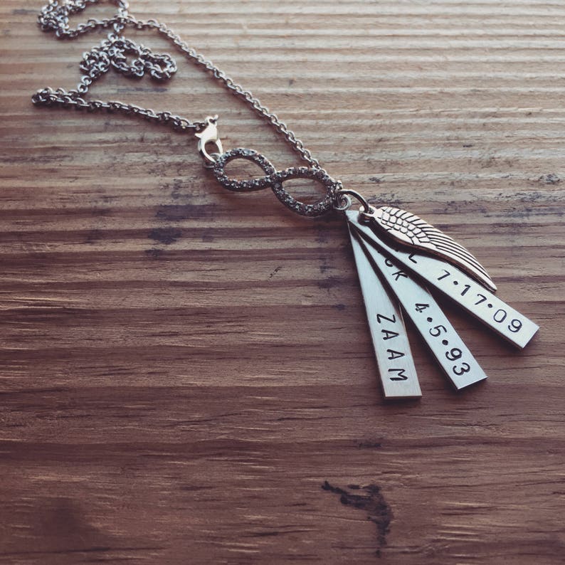 Name Tags Personalized Infinity Charm Necklace With Wing Hand Stamled ...