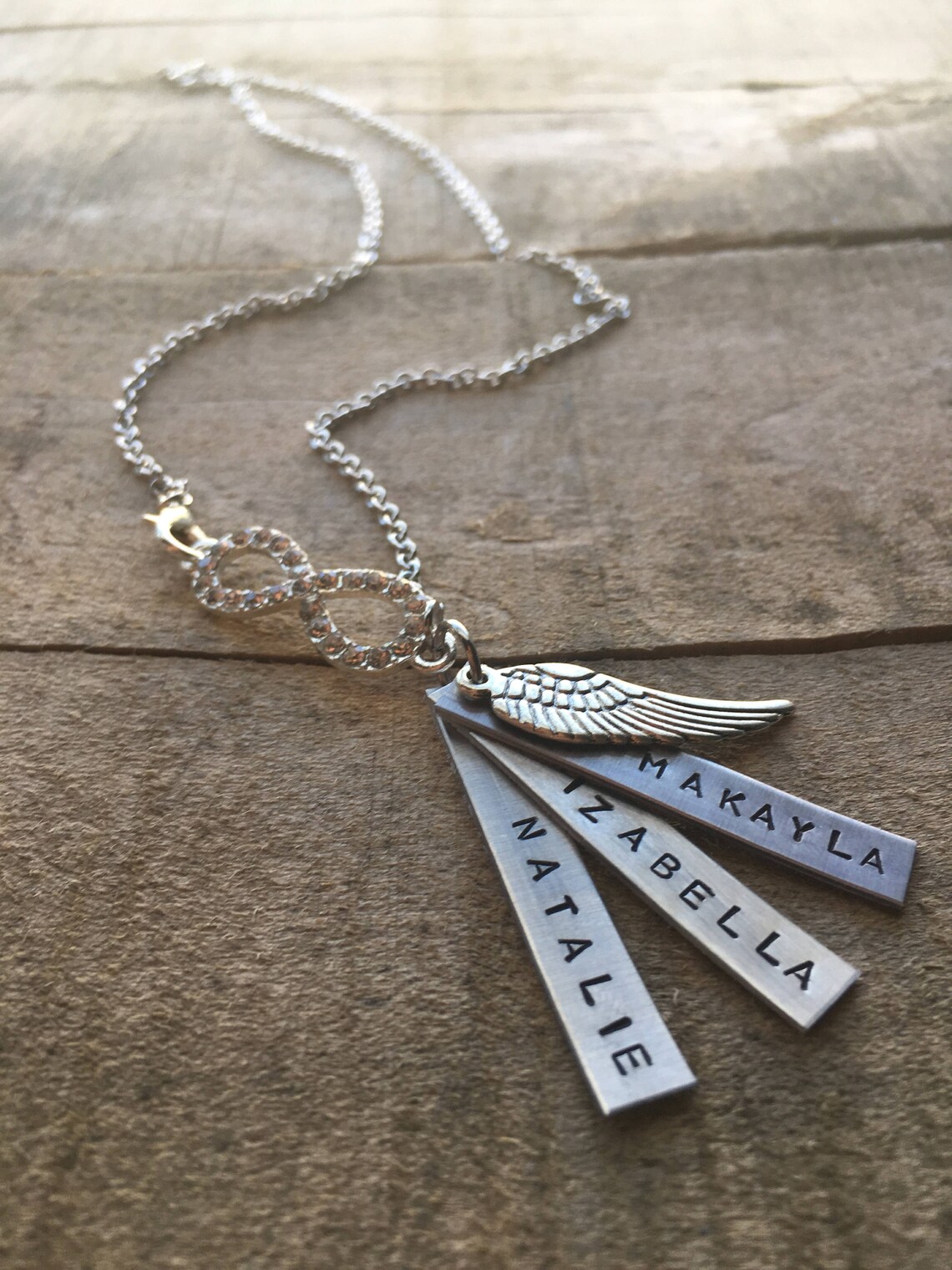 Name Tags Personalized Infinity Charm Necklace With Wing Hand Stamled ...