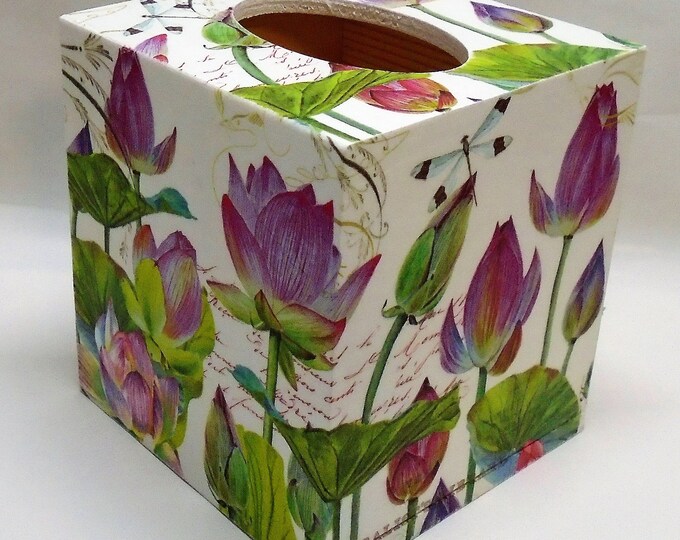 Handmade Decoupage Wood Tissue Box Cover, Water Lily, Dragonfly - Etsy