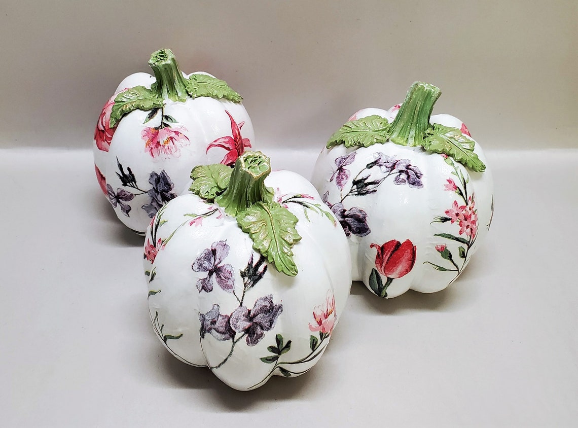 Set of 3 Hand Painted and Decoupaged Resin Pumpkins With - Etsy