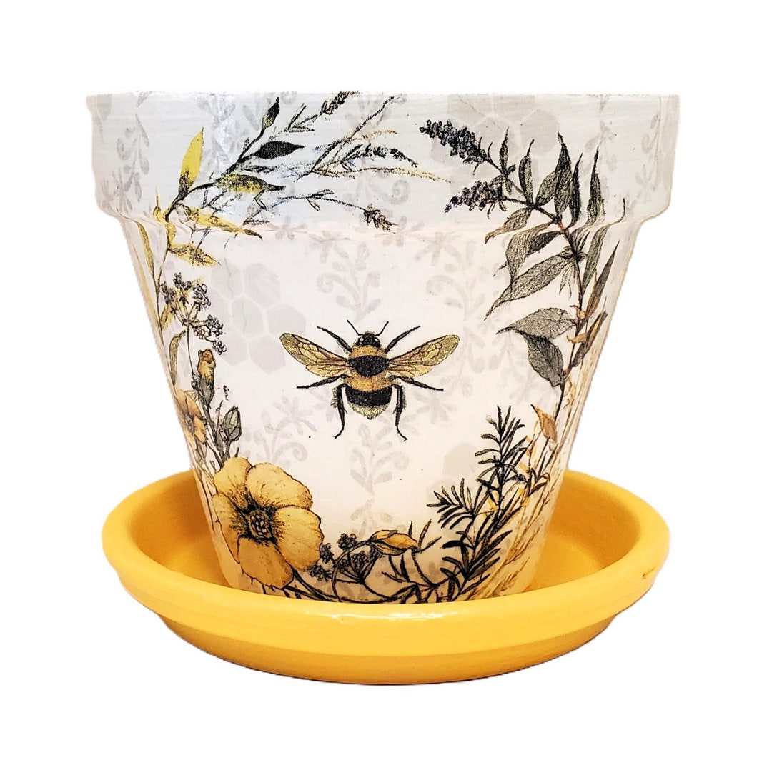 Handmade Decoupage Terra Cotta Indoor Flowerpot, Bee With Wildflower Wreath, 6" - Etsy