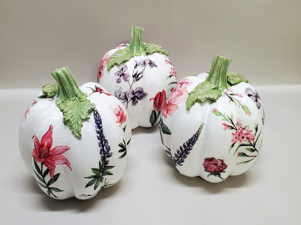 Set of 3 Hand Painted and Decoupaged Resin Pumpkins With - Etsy