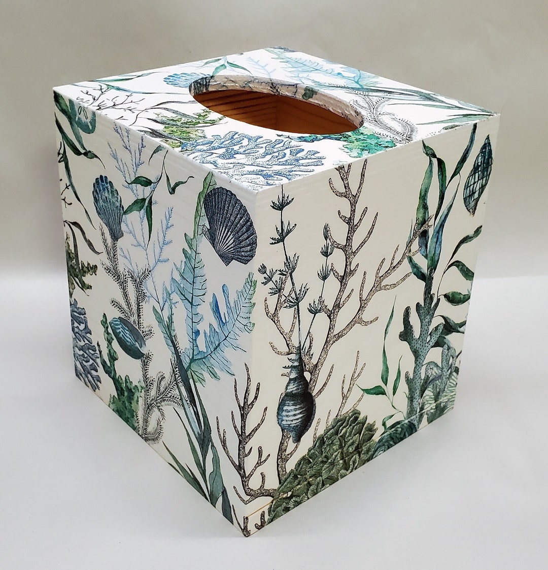 Handmade Decoupage Wood Tissue Box Cover, Ocean Tide, Seashells, Beach ...