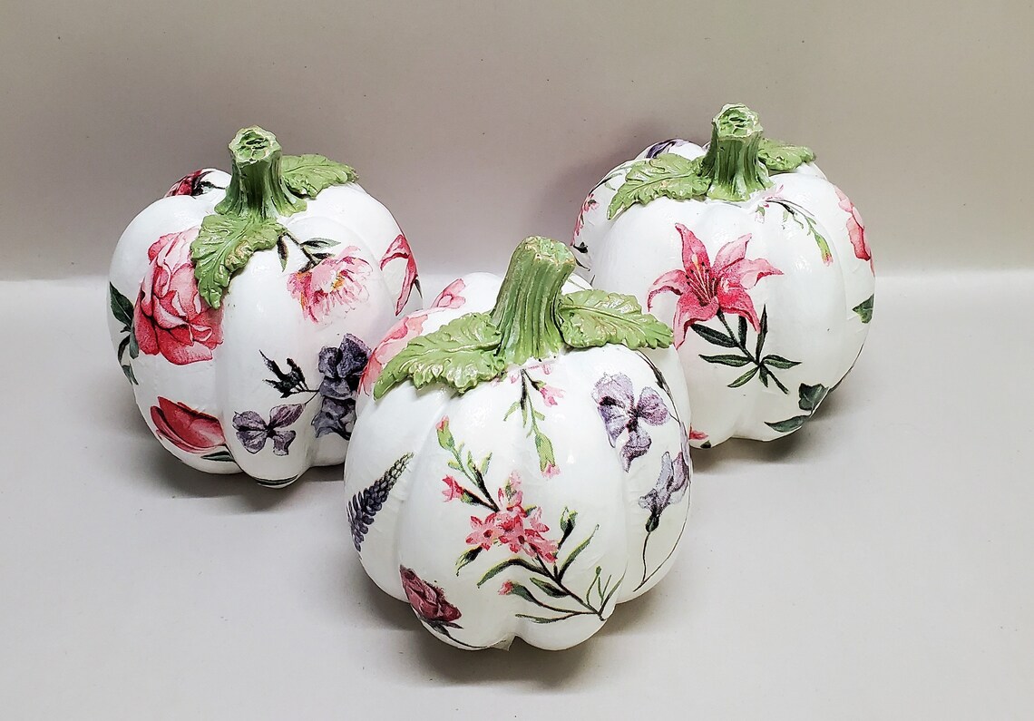 Set of 3 Hand Painted and Decoupaged Resin Pumpkins With - Etsy