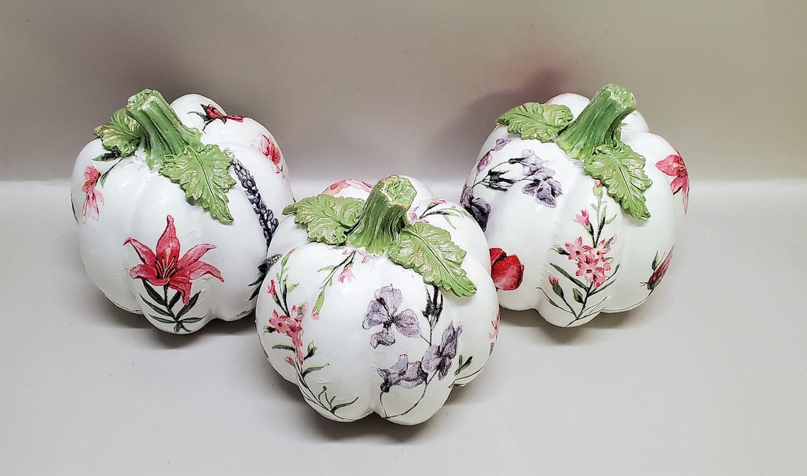 Set of 3 Hand Painted and Decoupaged Resin Pumpkins With - Etsy