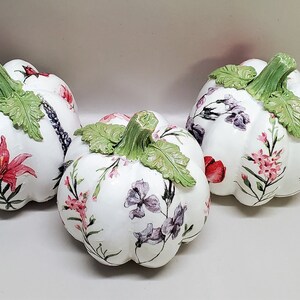 Set of 3 Hand Painted and Decoupaged Resin Pumpkins With Leaves, Floral ...