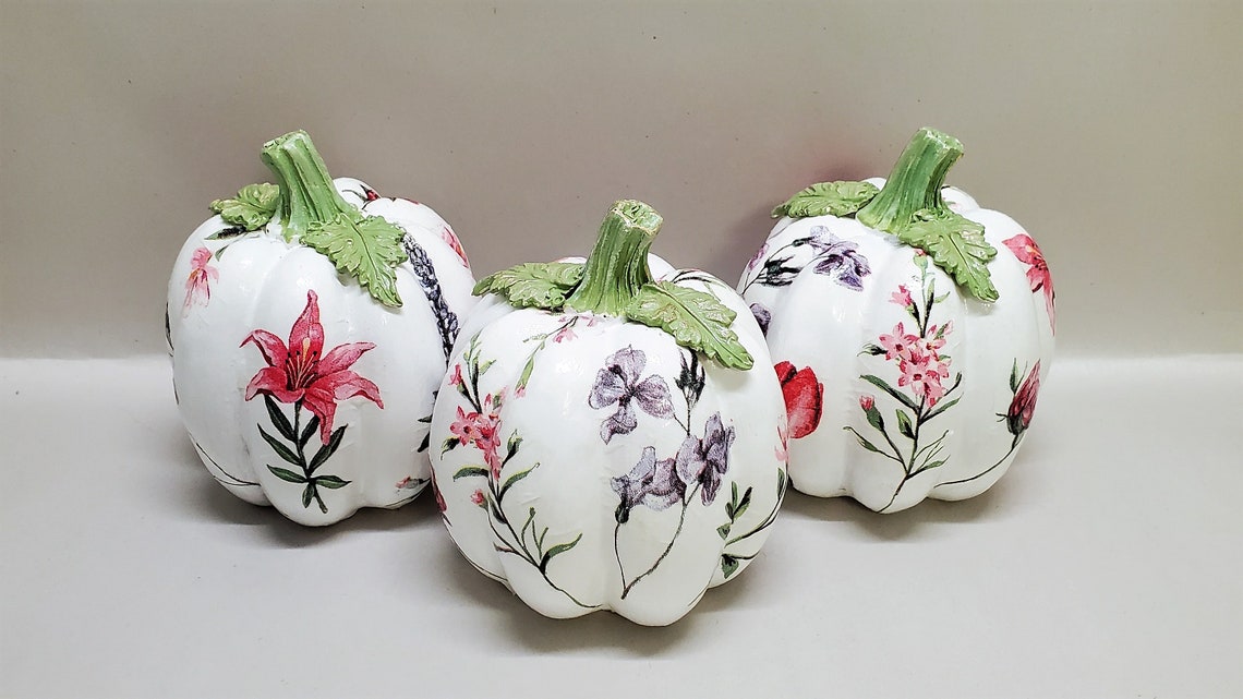 Set of 3 Hand Painted and Decoupaged Resin Pumpkins With - Etsy