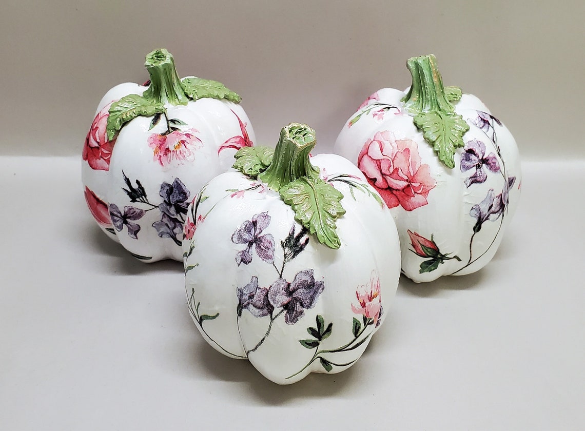 Set of 3 Hand Painted and Decoupaged Resin Pumpkins With - Etsy
