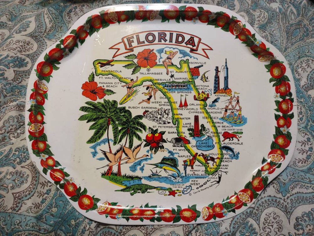 Vintage Florida Souvenir Tray Metal Map State Serving Platter Carrib ...