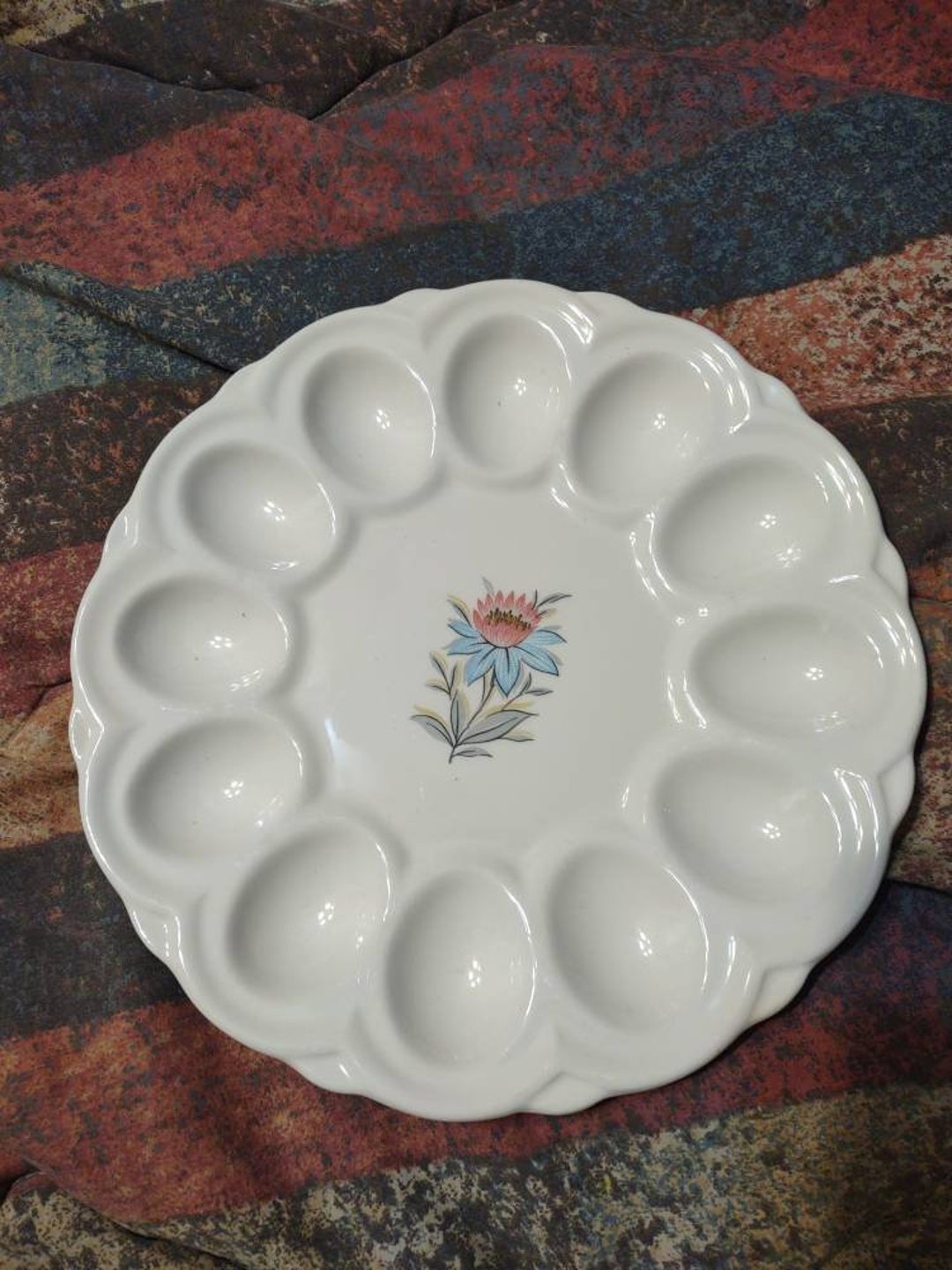 Vintage Fairlane by Steubenville Pottery Deviled Egg Dish With Pink & Turquoise Flower Design ...