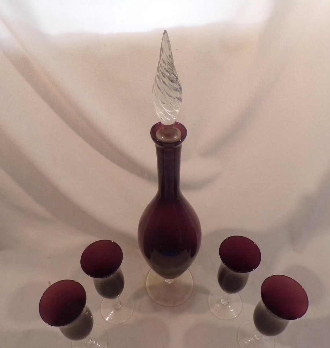 Vintage Purple Decanter With Stopper and Set of 4 Goblet Wine Glasses ...