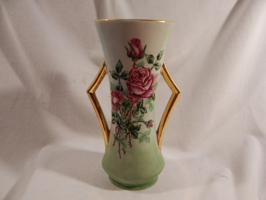 Vintage Ceramic Rose Design Vase With Gold Handles - Etsy