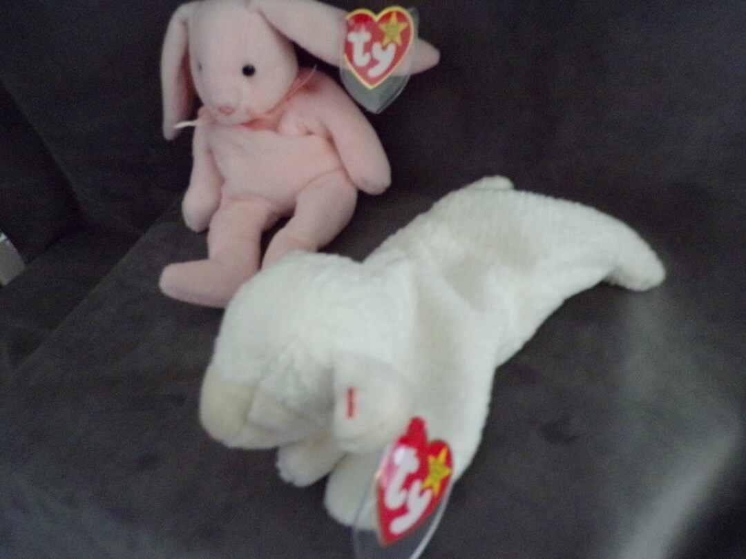 Vintage TY Beanie Babies = Hoppity Pink Rabbit or Fleece White Lamb - Etsy