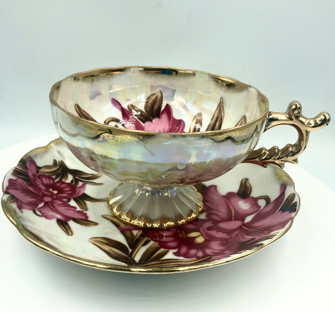 Vintage 50's ROYAL SEALY Footed Teacup and Saucer ORCHIDS Iridescent 4A ...