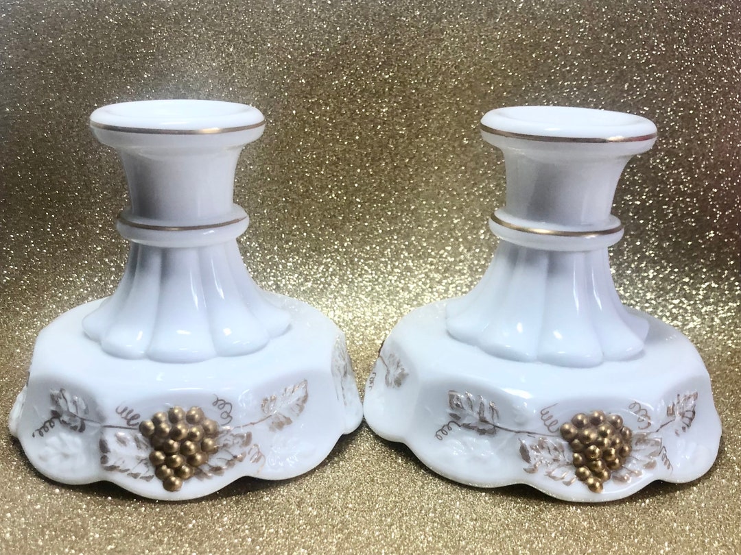WESTMORELAND MILK GLASS Candlesticks 915 22k Gold Grapes 4" Gs3b-5 - Etsy