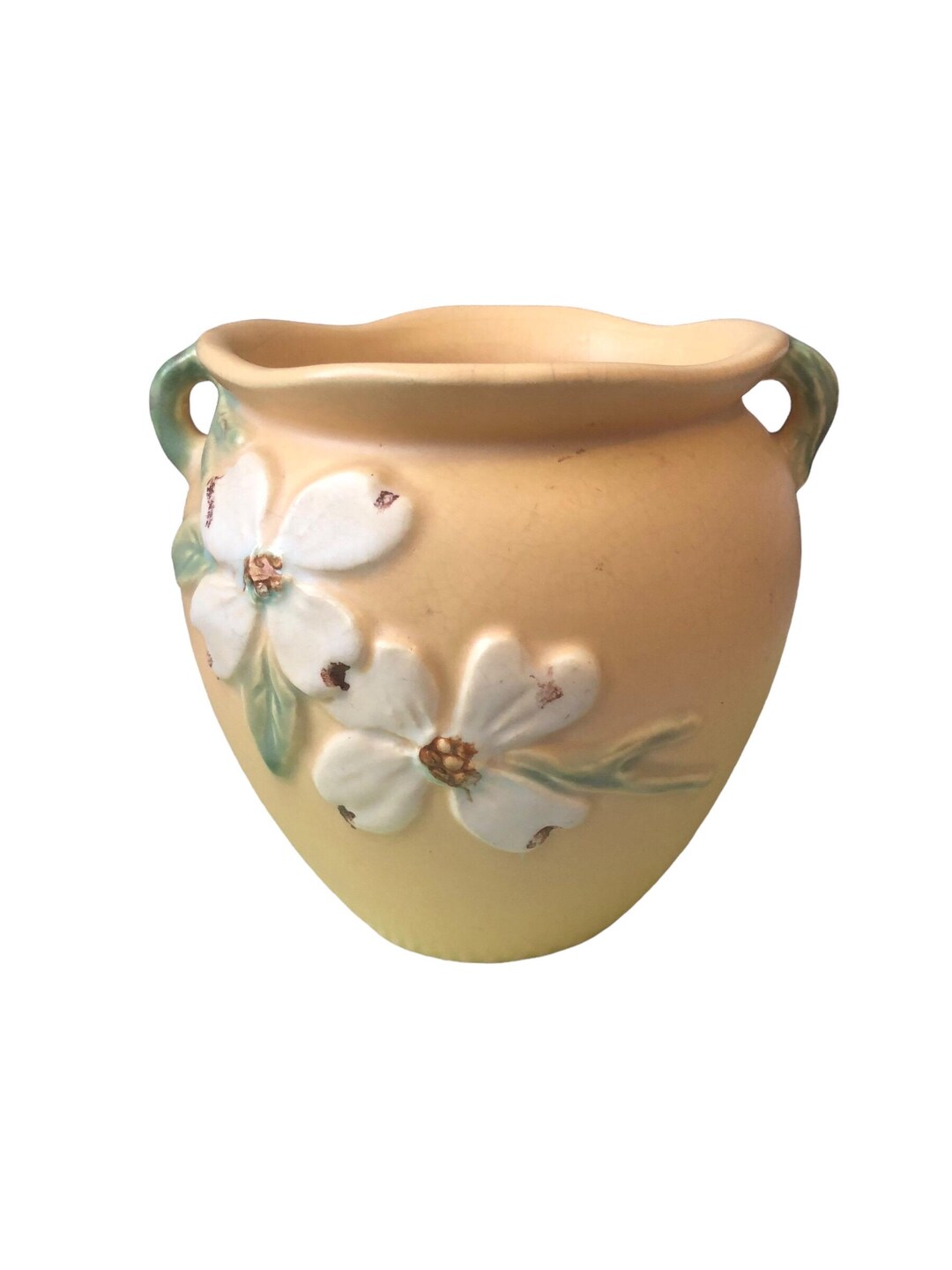 1930's WELLER Pottery Cache Pot Pale Yellow With White DOGWOOD 5 1/8 ...