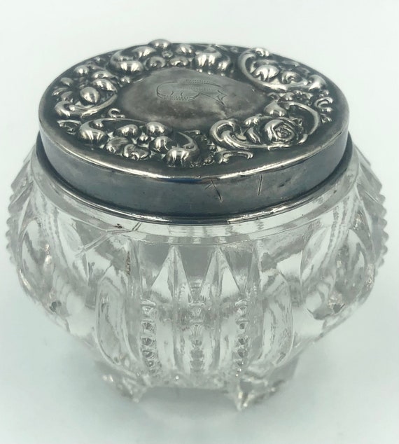 Vintage footed Pressed Glass POWDER JAR - STERLING em… - Gem