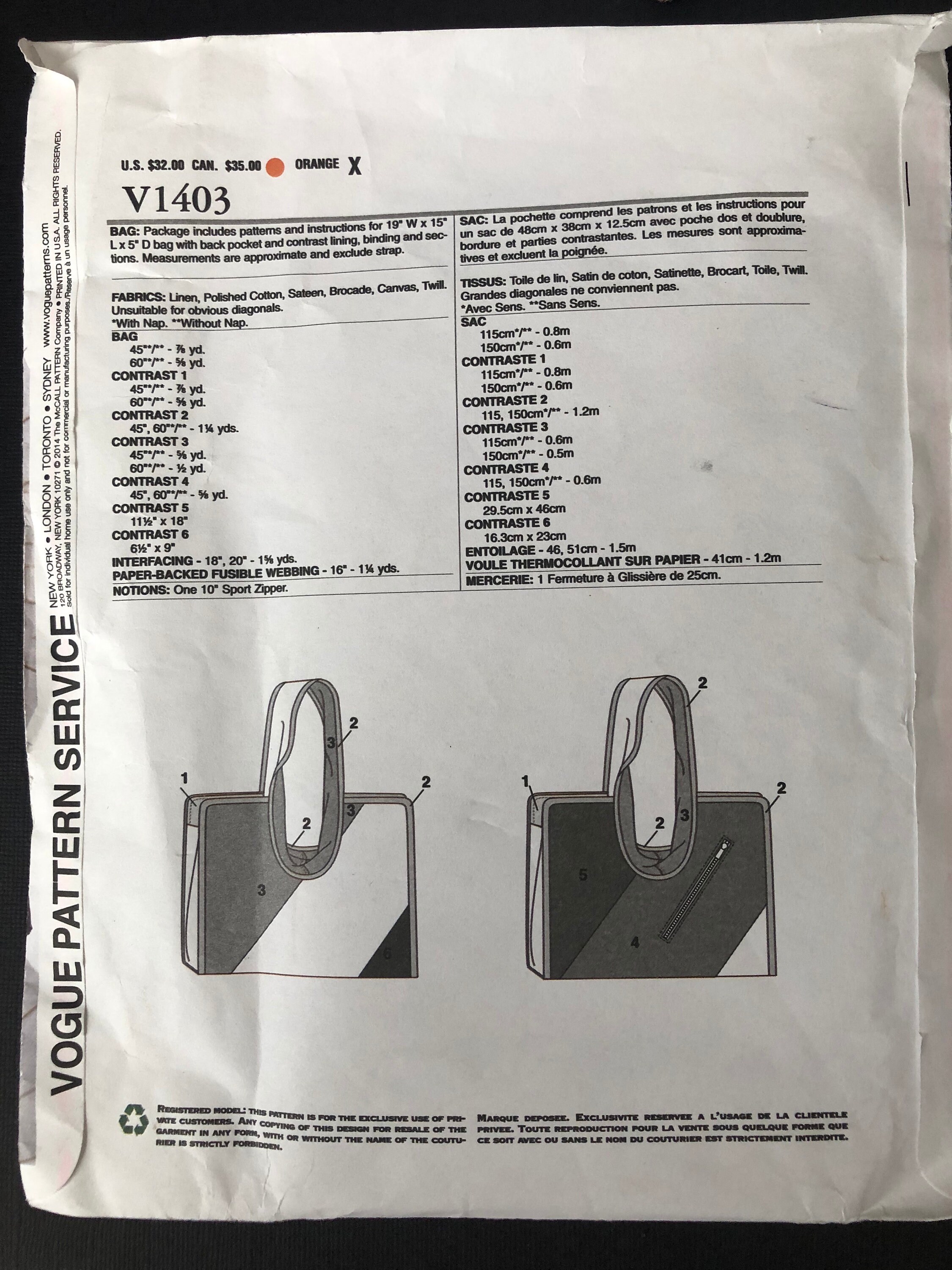 Uncut VOGUE Sewing PATTERN 1403 Large BAG by American Designer Koos Van ...