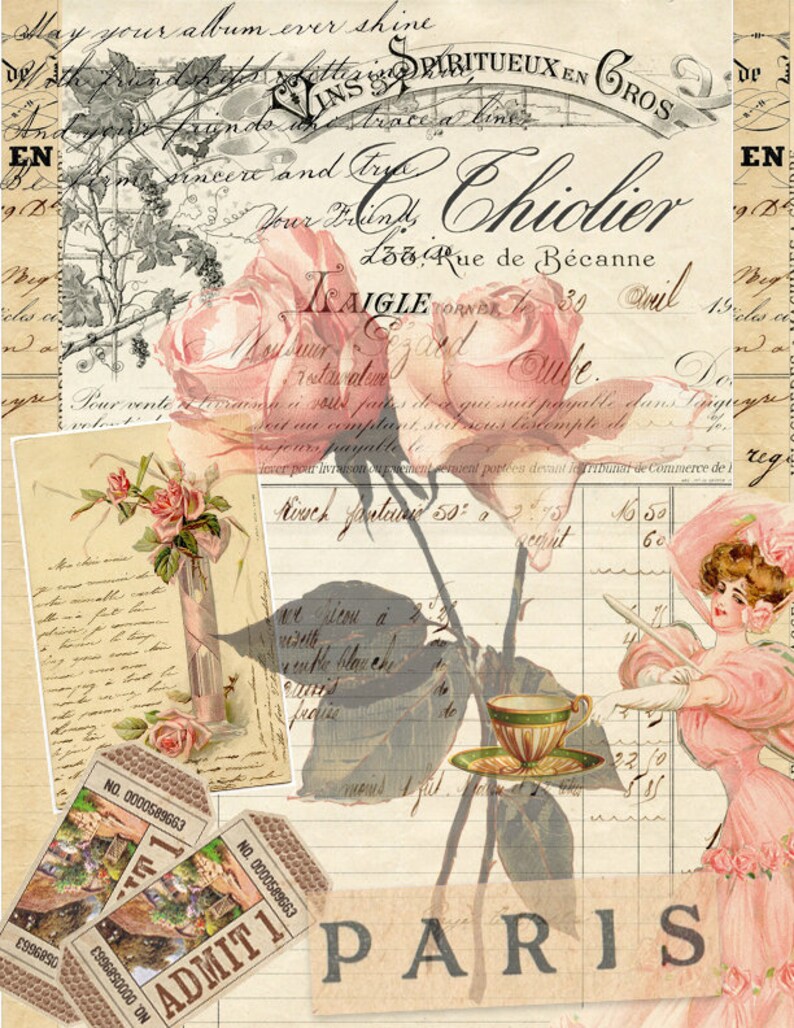 French Rose Receipt Ephemera Collage' - Etsy
