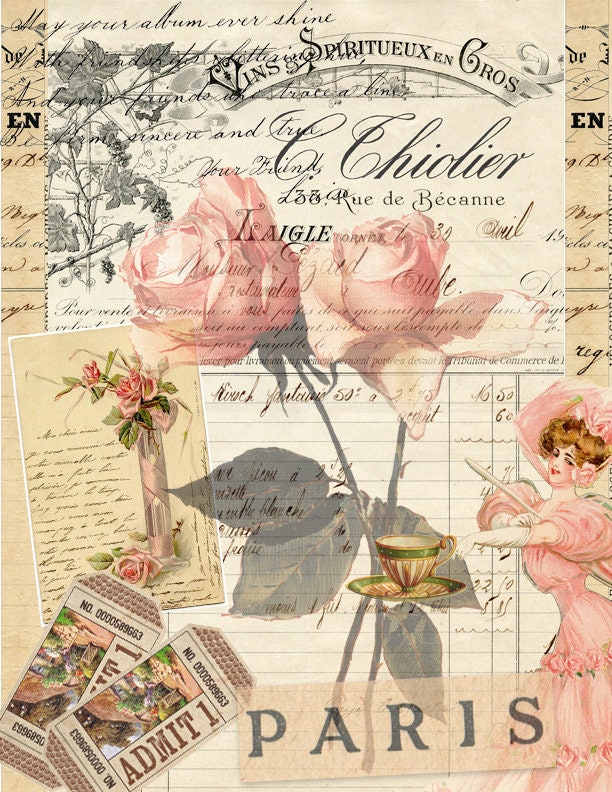 French Rose Receipt Ephemera Collage' - Etsy