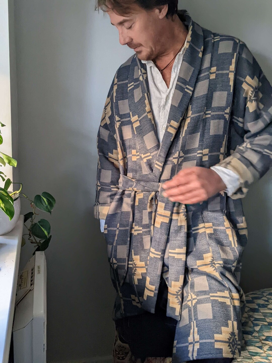 Organic Cotton Men's Kimono Robe Dressing Gown Geometric Aztec Pattern ...
