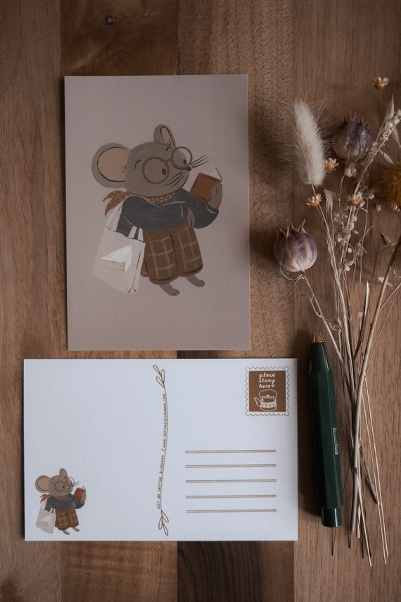 Bookish Mouse ONE 4x6 Postcard Art Print Autumn Postcard - Etsy